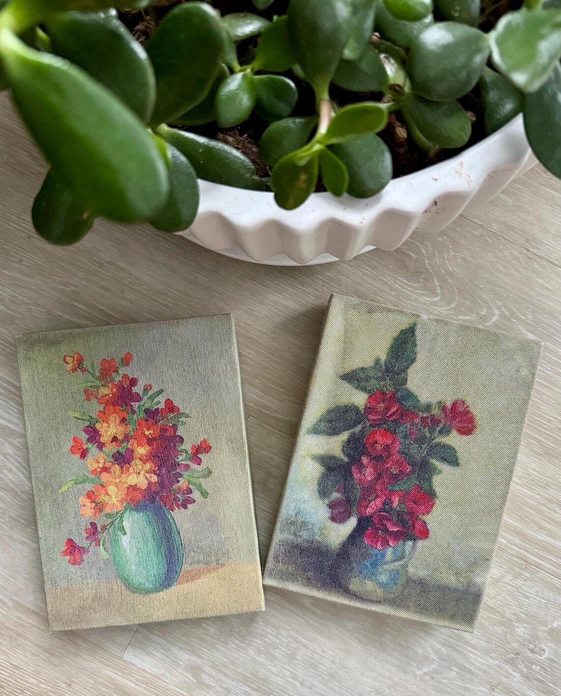 PAIR of Petite Floral Canvases Fit Nicely on a Bookcase, in a Basket or ...