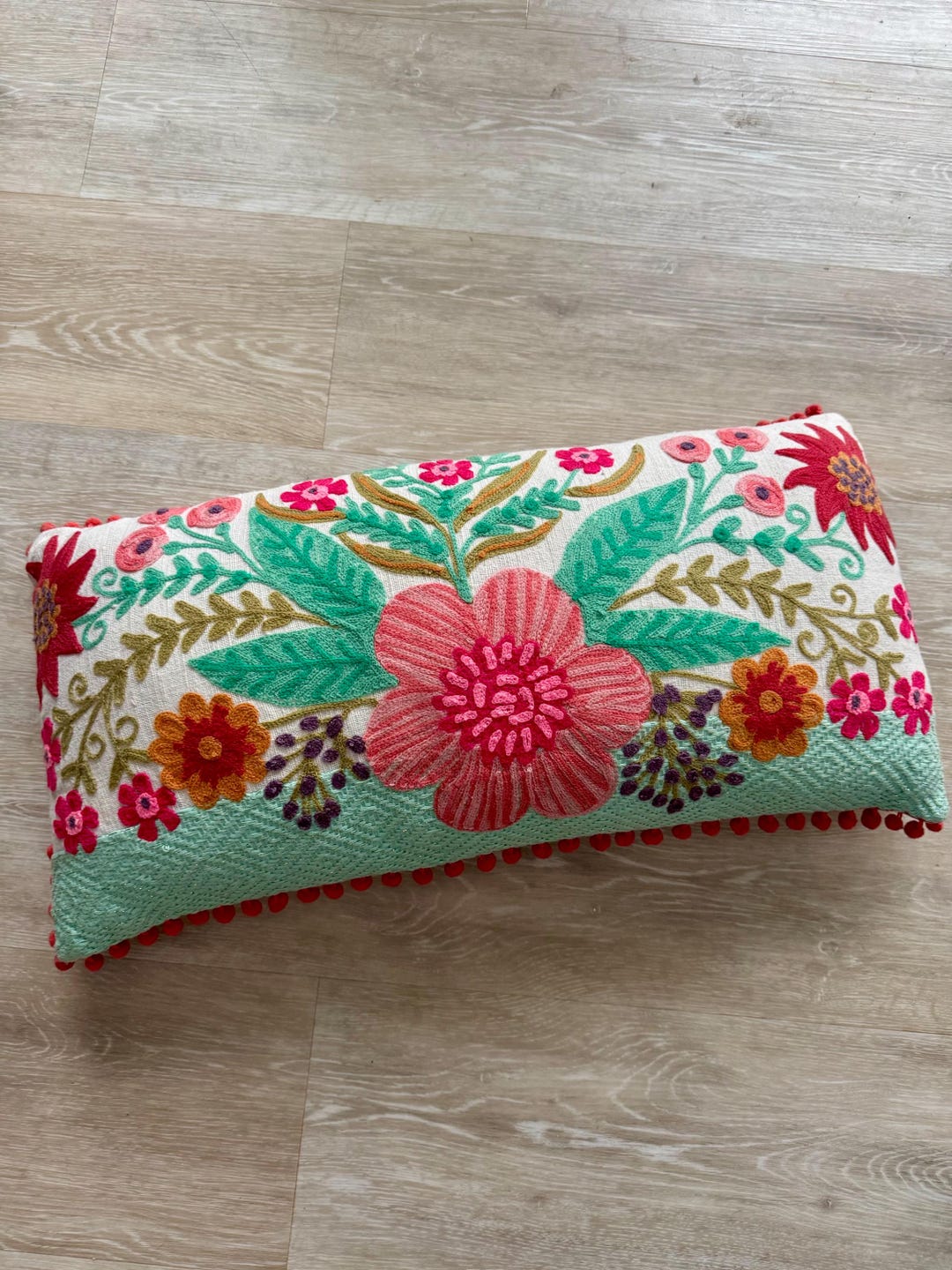 Embroidered Floral Lumbar Pillow: Rectangular Yoga Bolster - Etsy