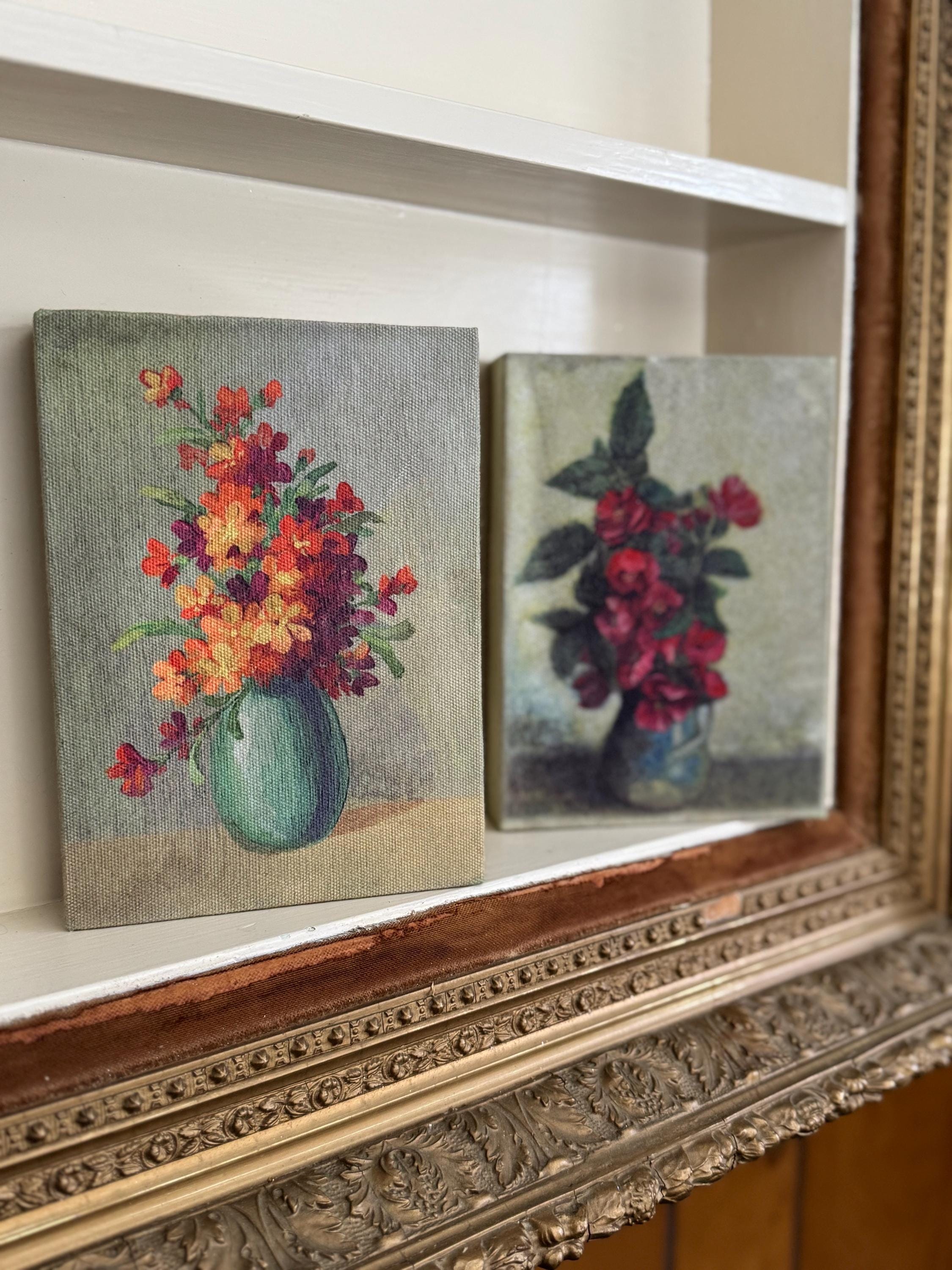PAIR of Petite Floral Canvases Fit Nicely on a Bookcase, in a Basket or ...