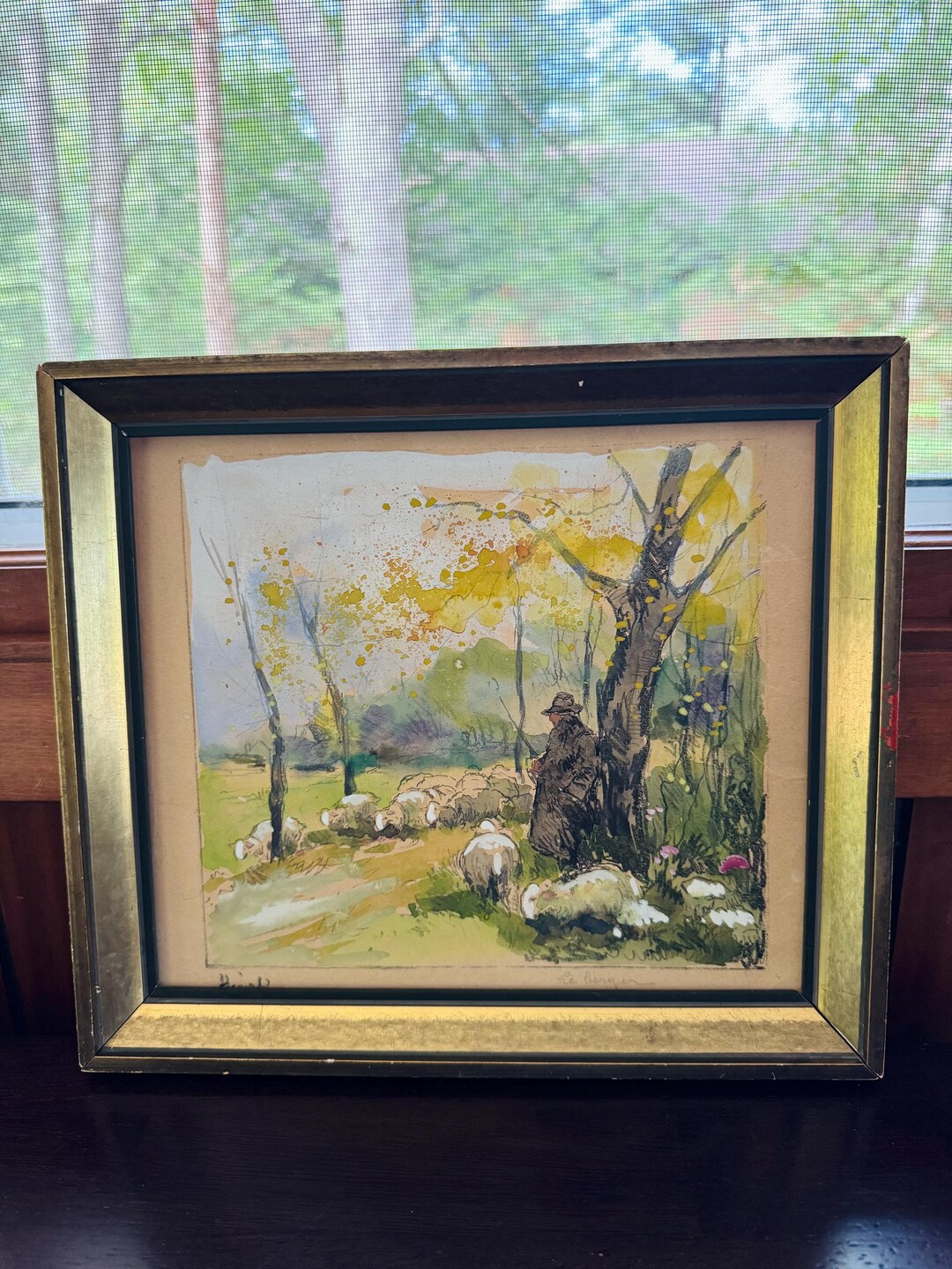 Vintage French Country Watercolor Painting: Shepard and Flock, Signed ...