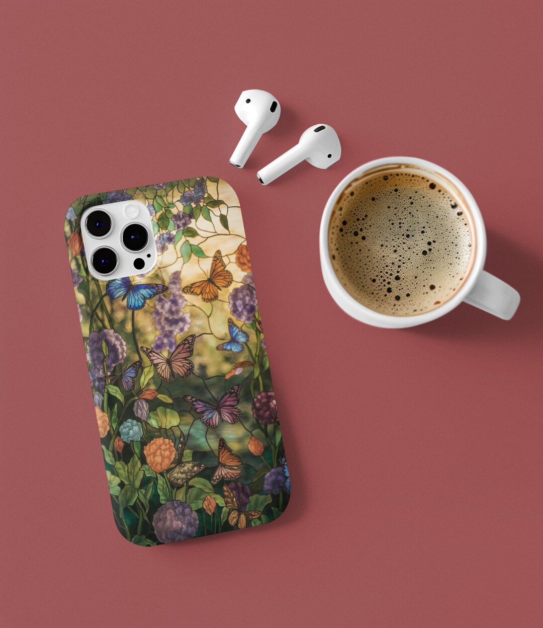 Stained Glass Butterfly Garden Phone Case, Floral Phone Cover, Colorful ...