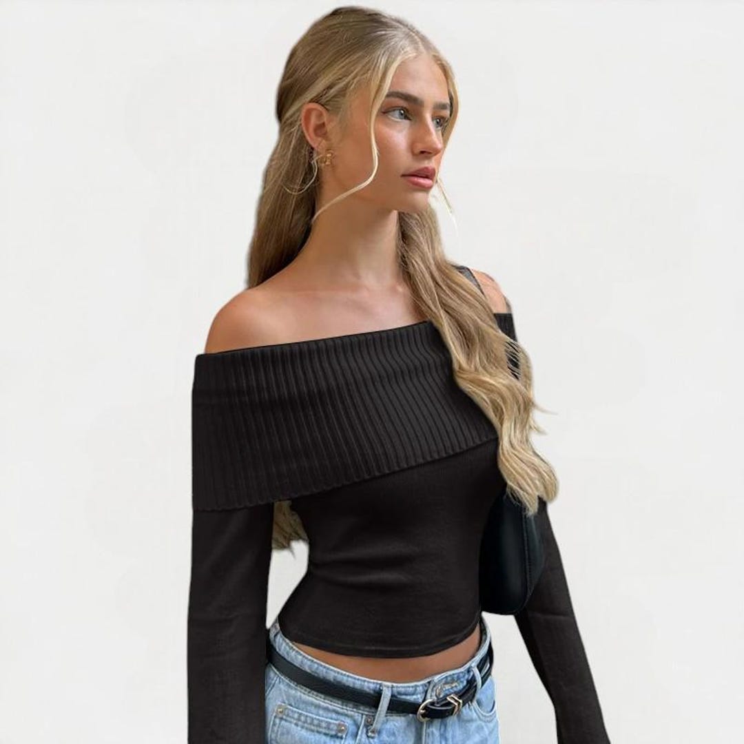 Elegant Ribbed Off-shoulder Top Minimalist Fitted Style for Her, Black ...
