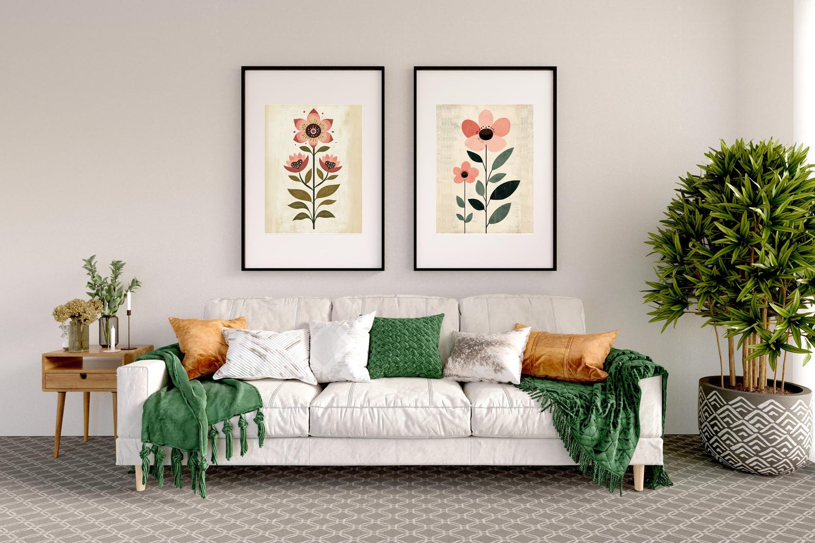 Boho Floral Wall Art Set of 2, Minimalist Flower Prints, Neutral Pastel ...