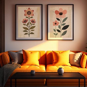 Boho Floral Wall Art Set of 2, Minimalist Flower Prints, Neutral Pastel ...