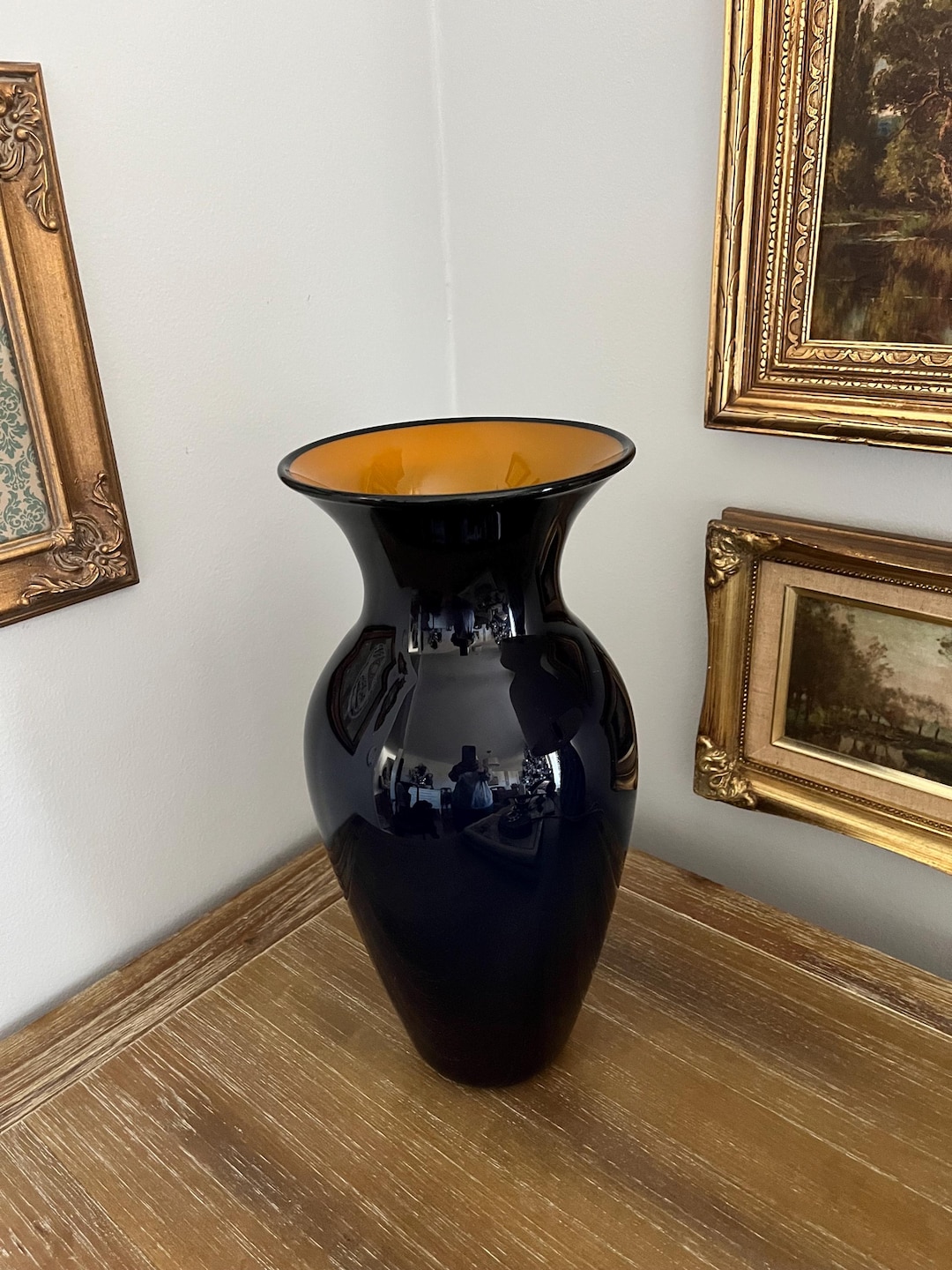 Vtg Hand Blown Studio Art 14.5" Glass Vase Deep Blue-black/yellow ...