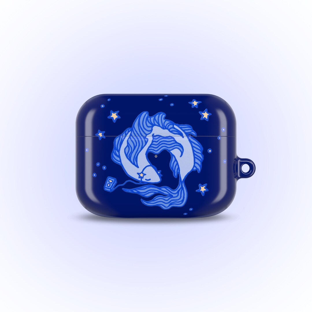 Fish and Music AirPod Case, Cute Celestial Y2K, Navy Blue Aesthetic Kawaii Gift, Protective ...
