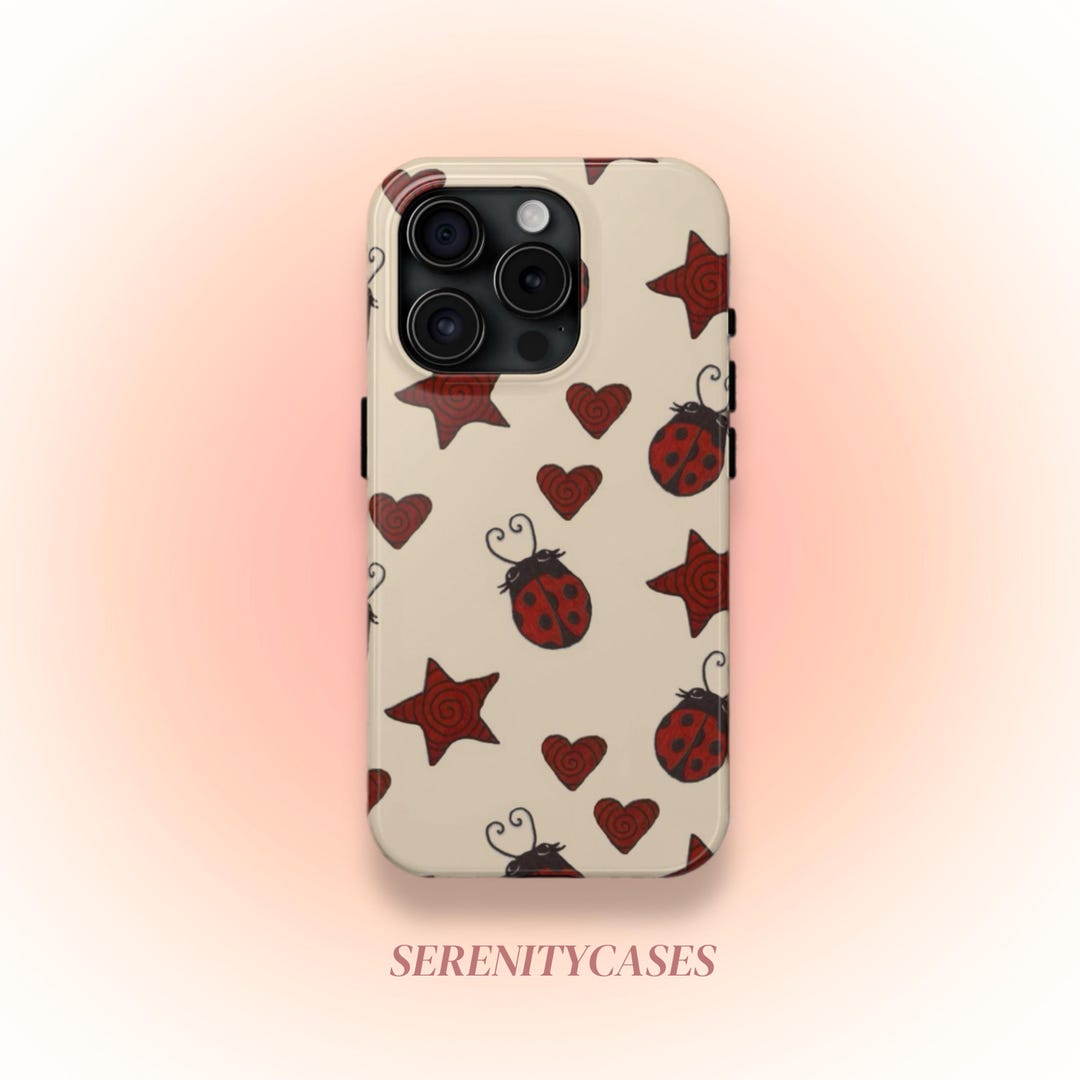 Red Ladybug Stars Hearts Phone Case, Cute Y2K Art, Whimsical Bug Boho ...