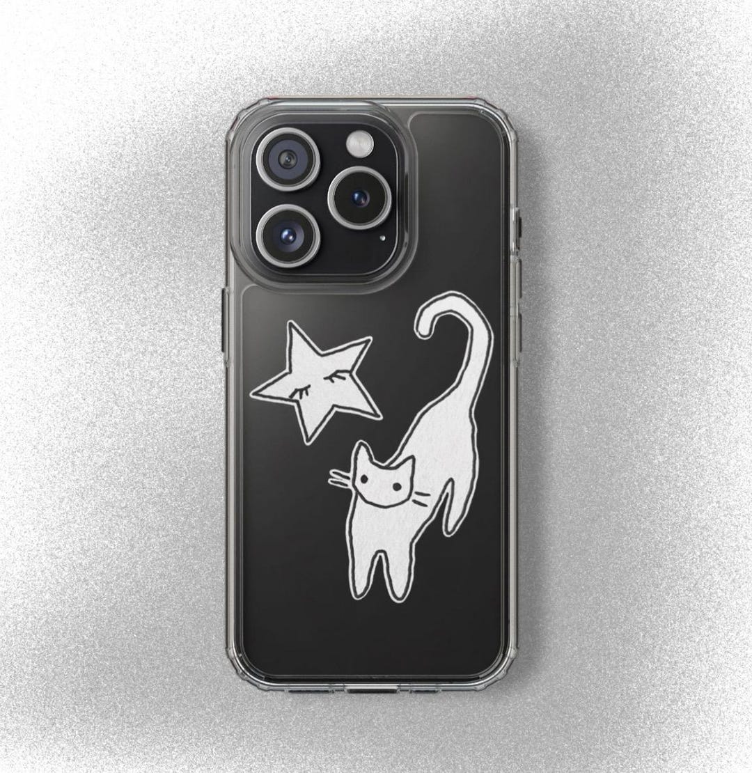 White Cat and Star Clear Phone Case Hand-drawn Cute Halloween Grunge ...