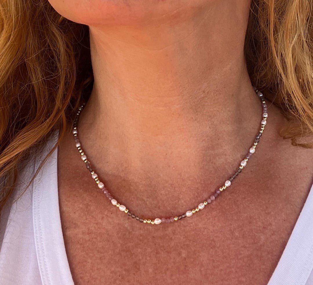 Freshwater Pearl Necklace, Rose Quartz & Smoky Quartz Necklace, 14k ...