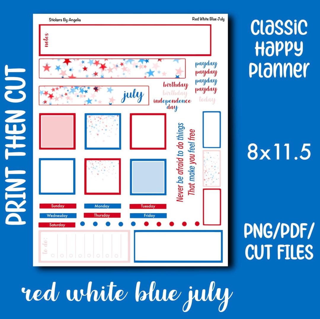 Red White Blue July|printable Stickers|classic Size Happy Planner ...