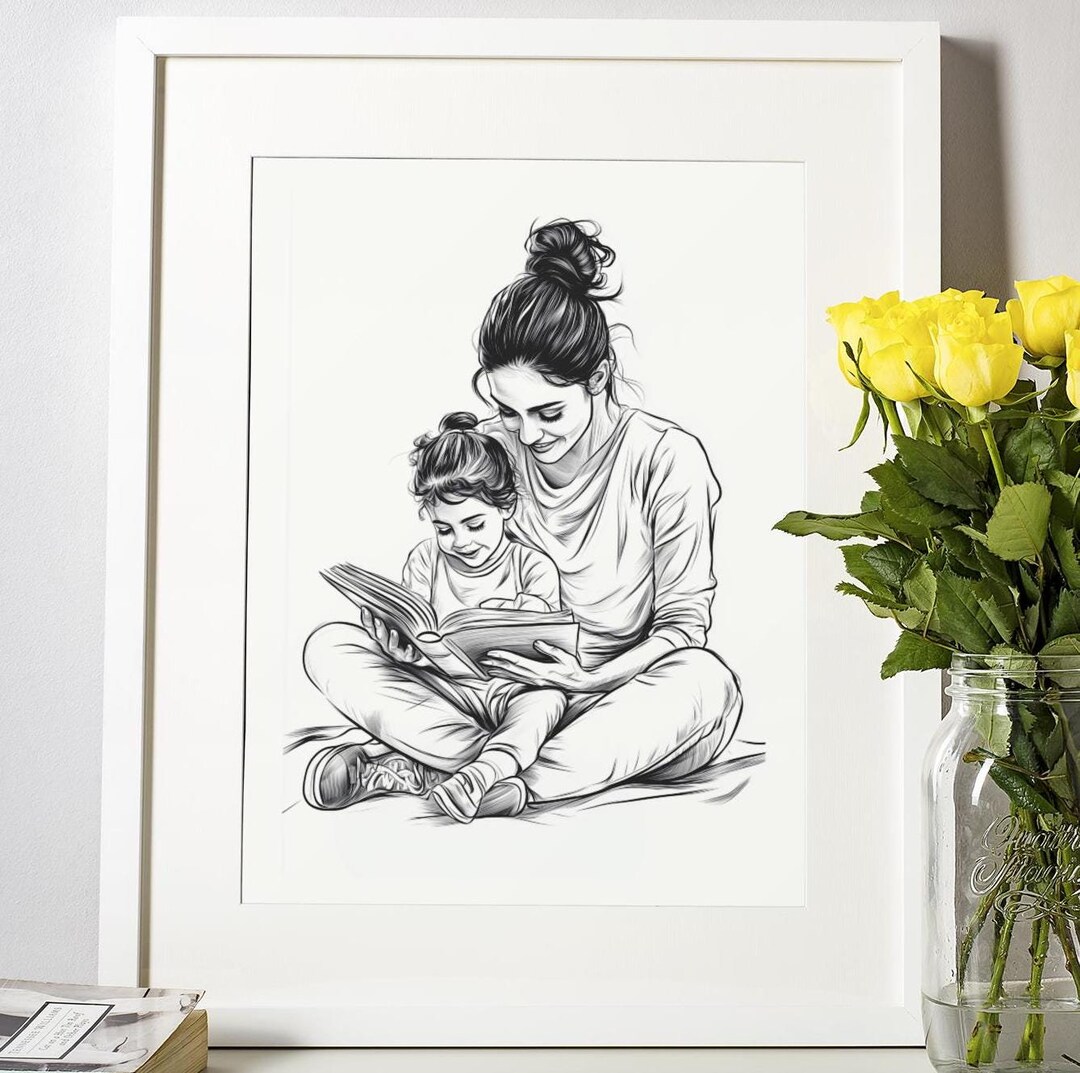 Mom Reading to Child Printable Wall Art, Young Girl Line Art Drawing ...
