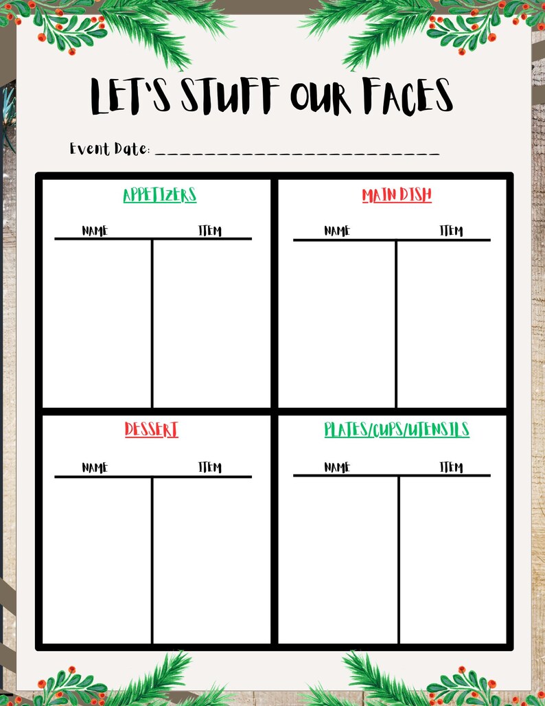 Potluck Sign up Sheet, Seasonal Potluck, Sign up Sheet - Etsy