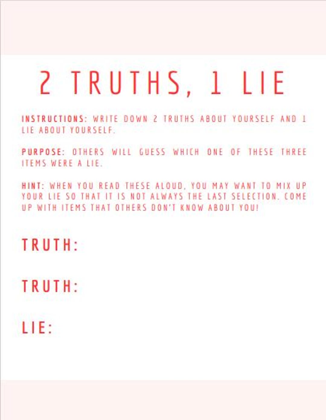 2 Truths 1 Lie Game, Icebreaker, Work Game - Etsy