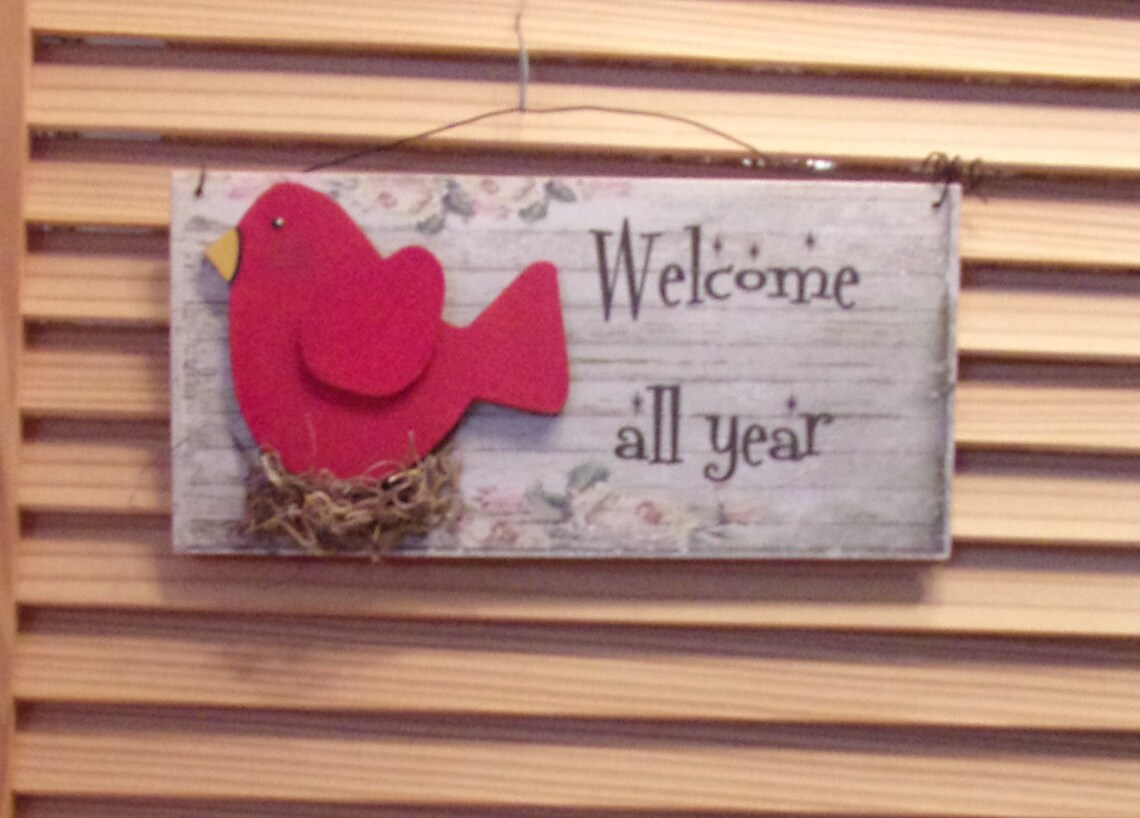 Welcome Sign With Red Bird Cardinal - Etsy