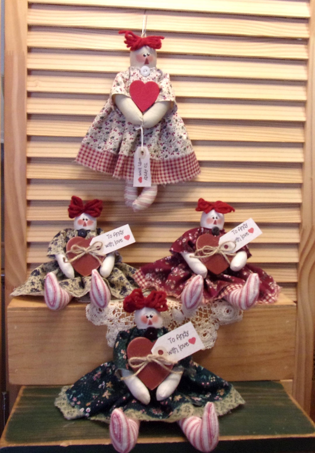 Annie Fabric Doll With Wood Heart - Vintage Homespun Dress - Etsy