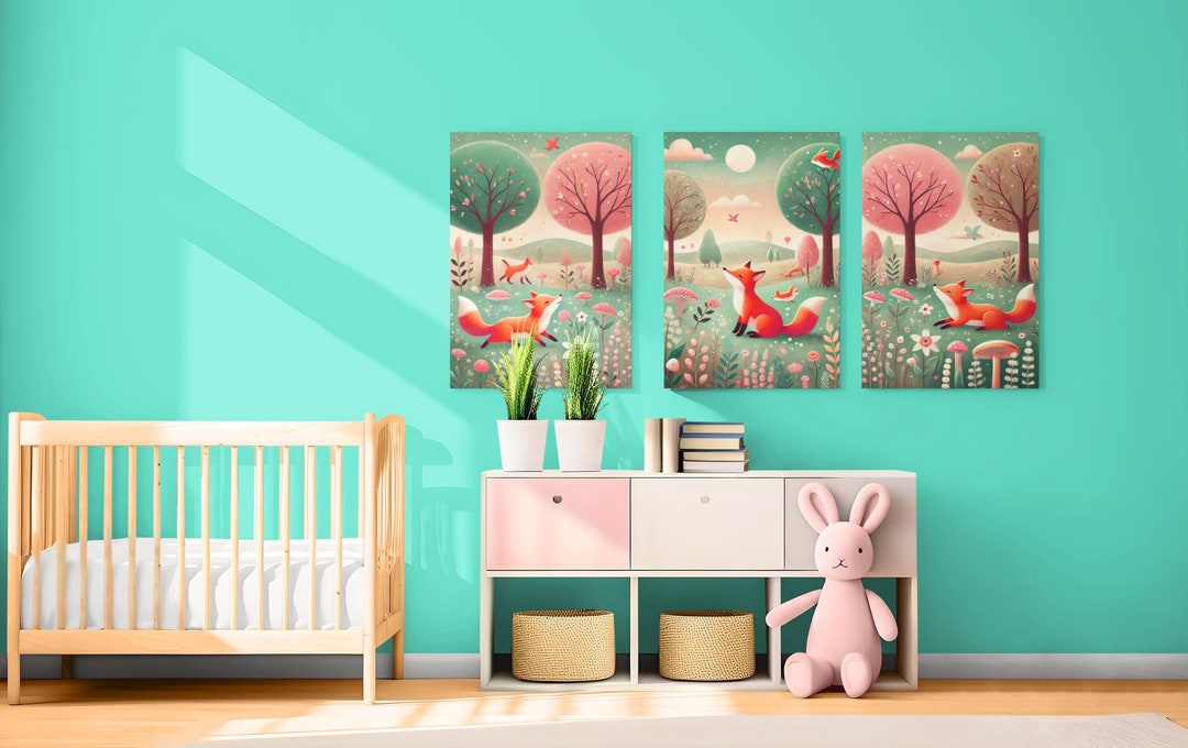 Whimsical Fox Triptych Wall Art Enchanting Forest Nursery Decor Kids Room Woodland Prints Set of ...