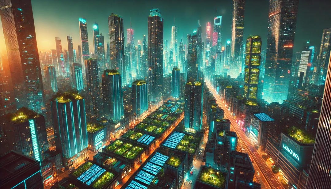 Cyberpunk Green City - Neon Skyscrapers and Urban Greenery Digital Art ...