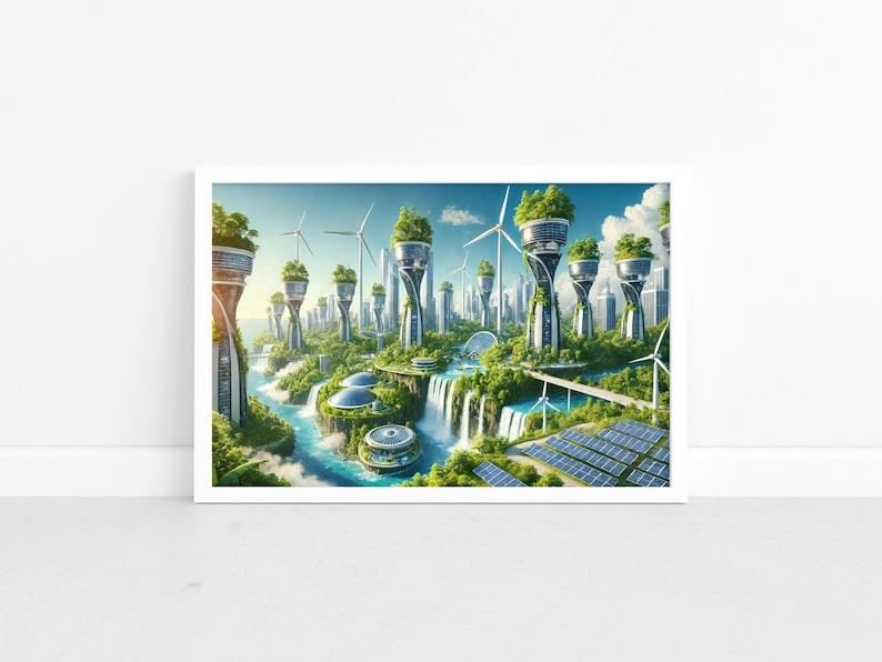 Eco City Art Print Futuristic Green City Poster Sustainable Future Wall ...