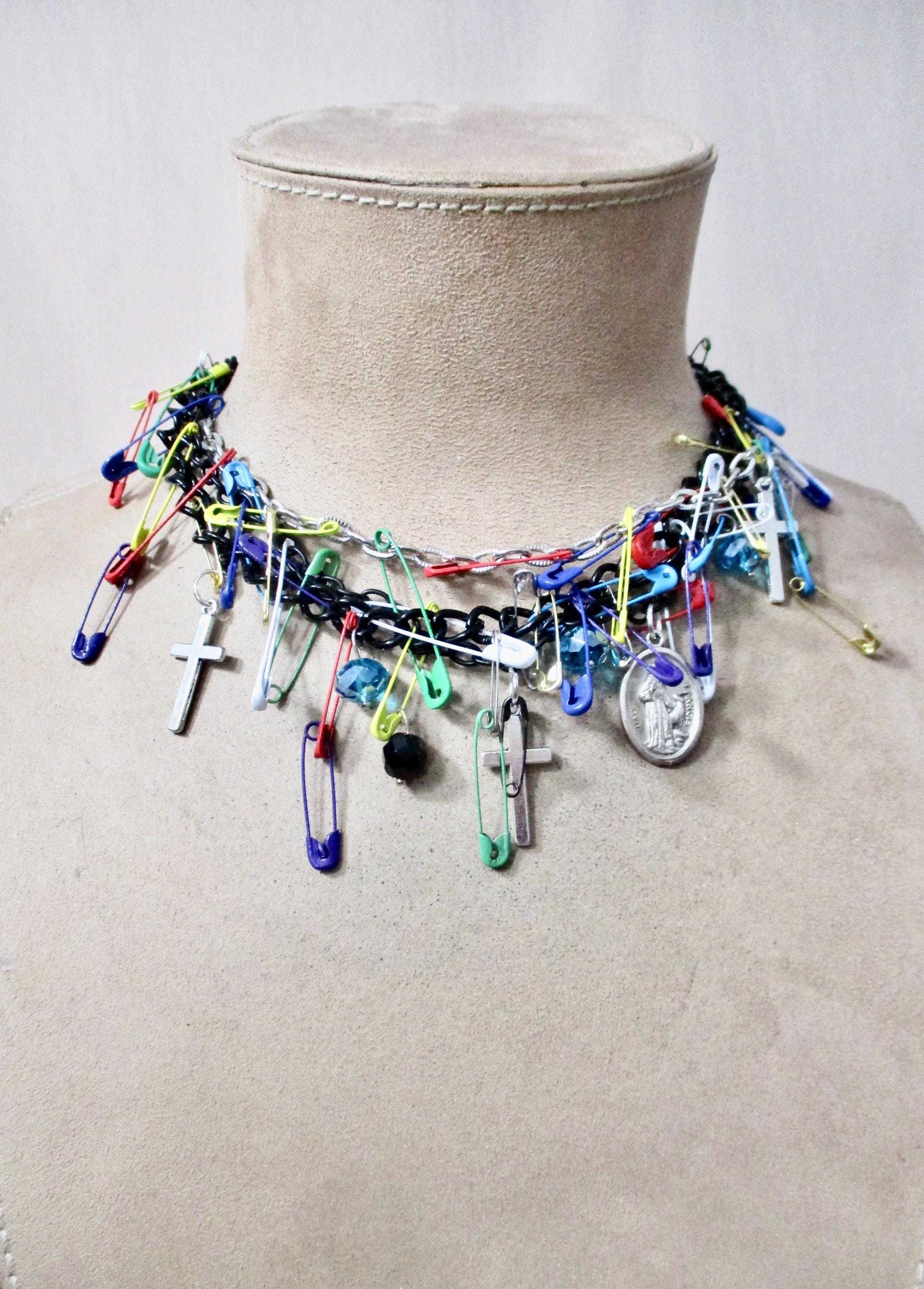 Lost in the Mosh Pit: Safety Pin Cross Charm Choker Necklace Punk ...