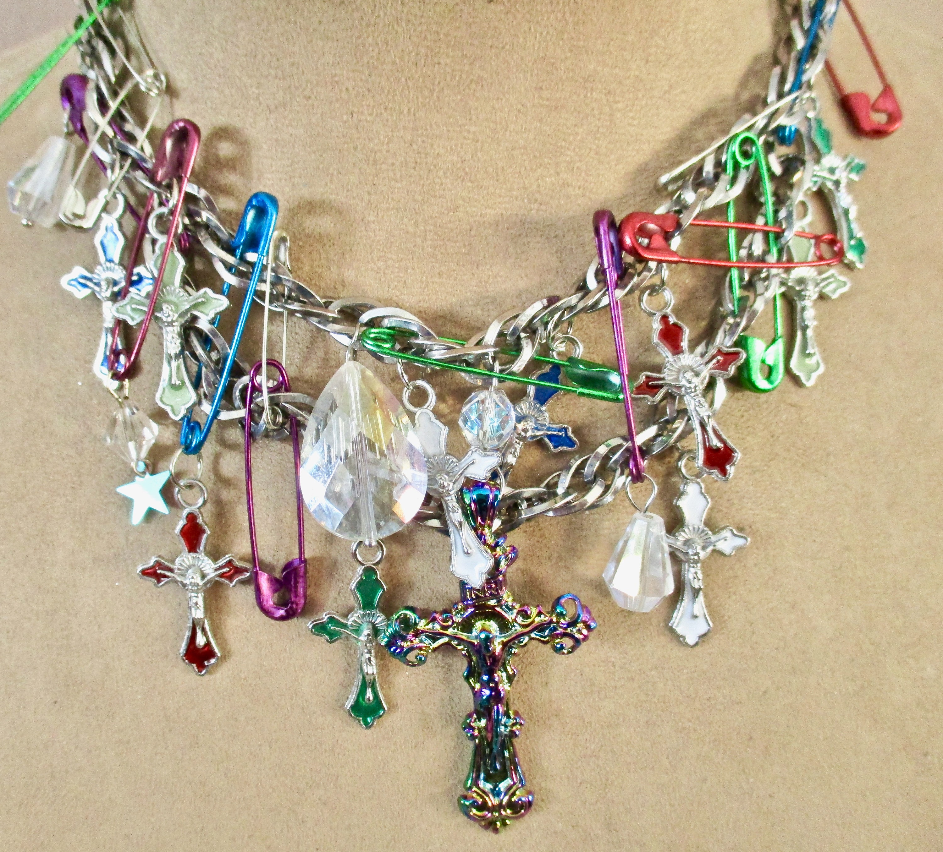 SALE Punk Safety Pin Crosses Choker Necklace Jewel Colors - Etsy