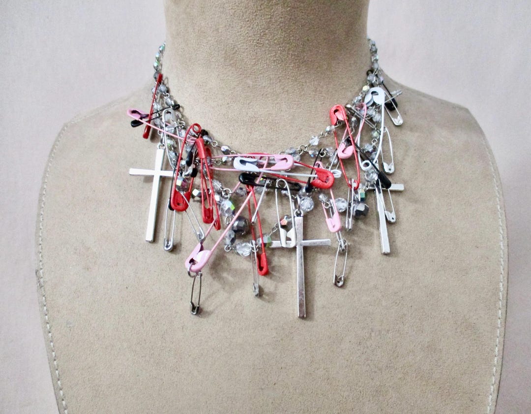 Minor Mosh: Punk Safety Pin Necklace Crosses Sparkling Faceted Crystals ...