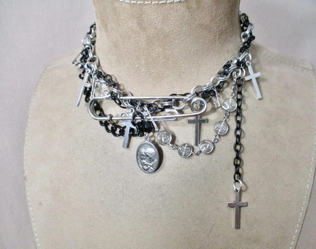 Spirit in the Sky: Safety Pin Cross Choker Punk Necklace Goth Silver ...