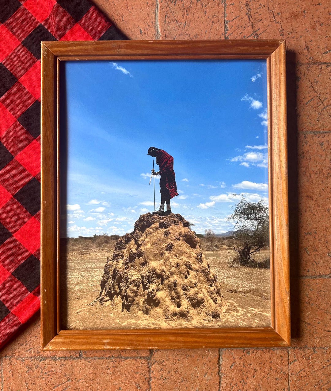 Maasai Warrior on Mound Elephant Family in African Savanna Original ...