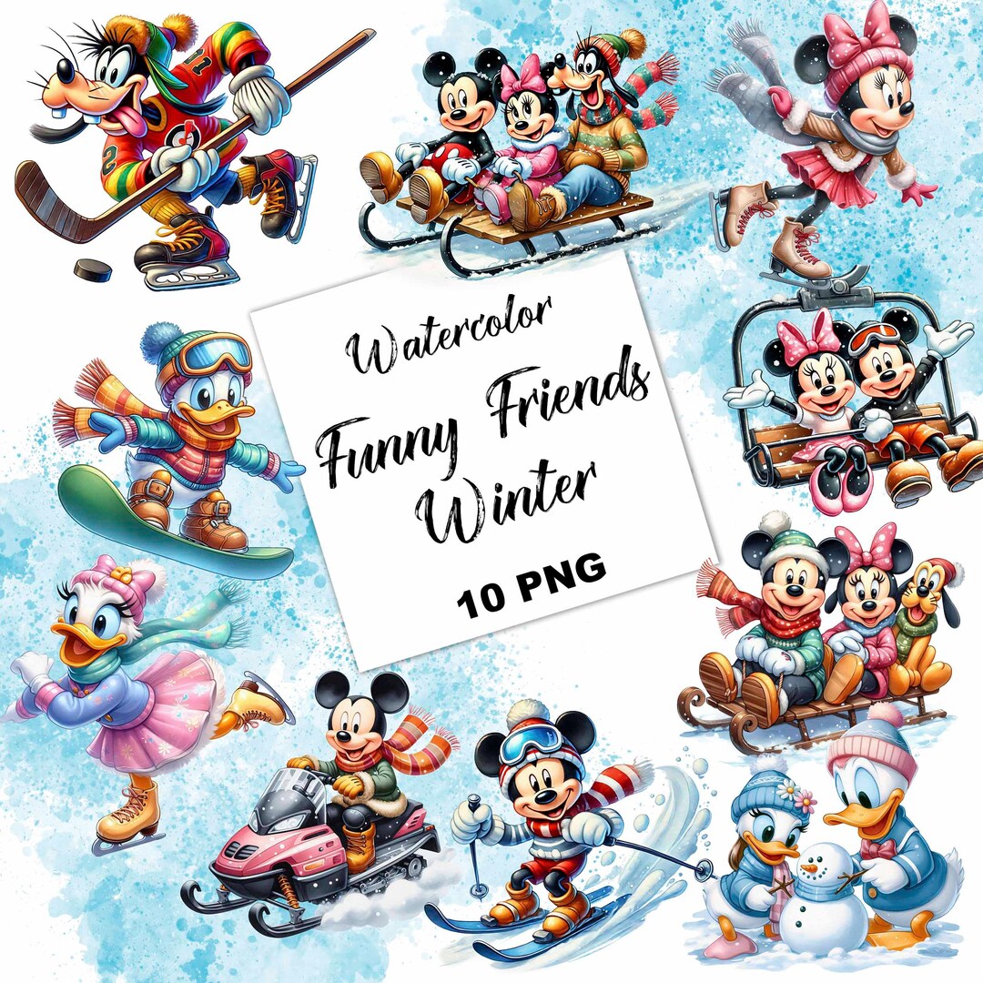 Watercolor Winter Cartoon Clipart, Mickey and Friends PNG (digital ...