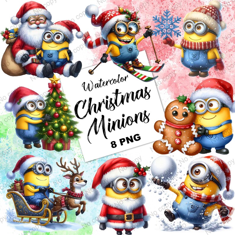 Minions Christmas Watercolor Clipart, Minions Clipart Bundle, Christmas ...
