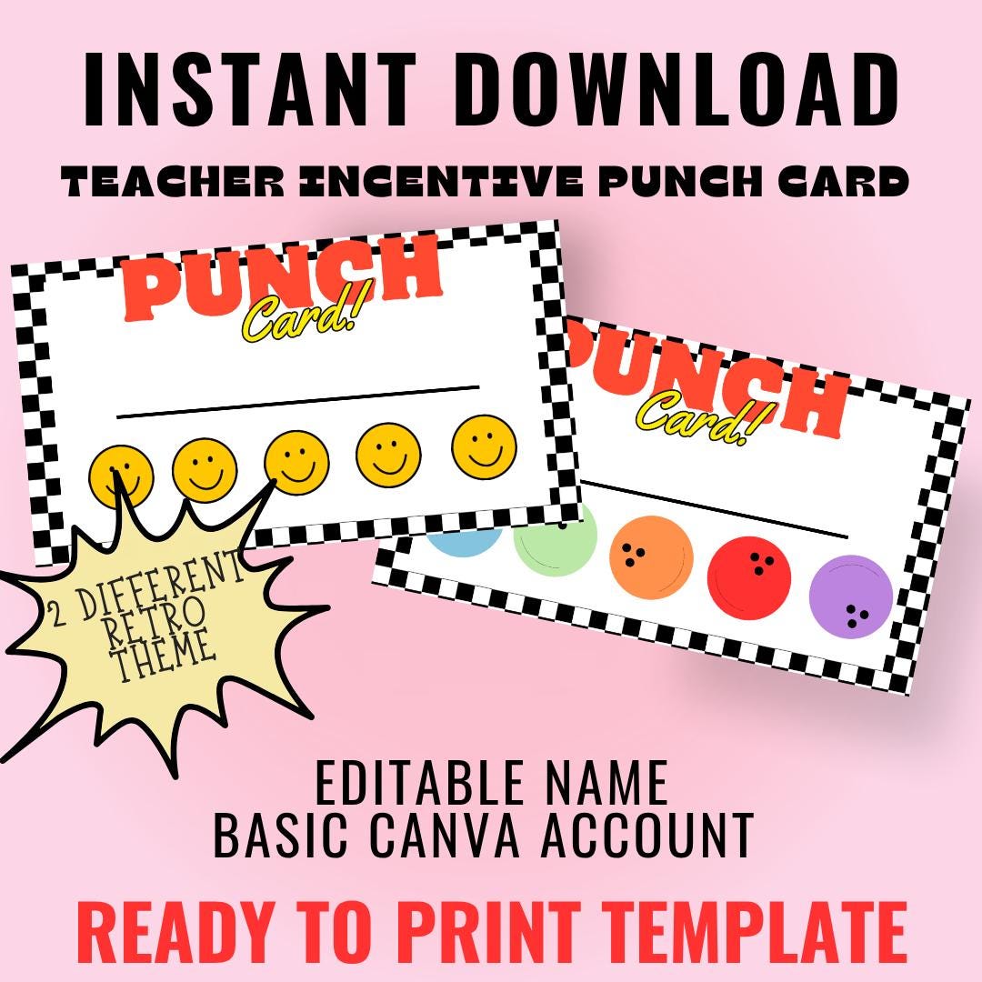 Retro|editable Digital Download| Printable Punch Cards| Incentive Cards ...