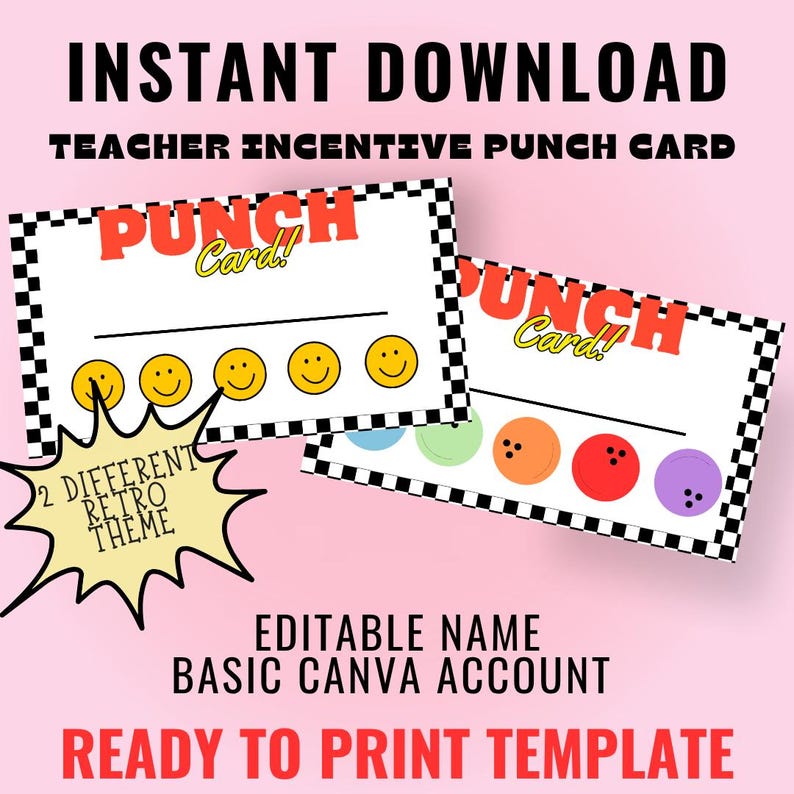 Retro|editable Digital Download| Printable Punch Cards| Incentive Cards ...