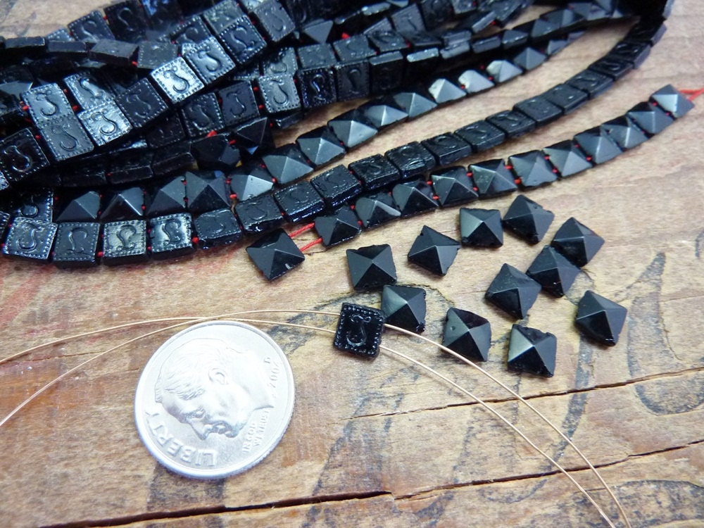 Antique Mourning Glass Jet Glass Beads 6mm Square Nail Head Beads (24 ...