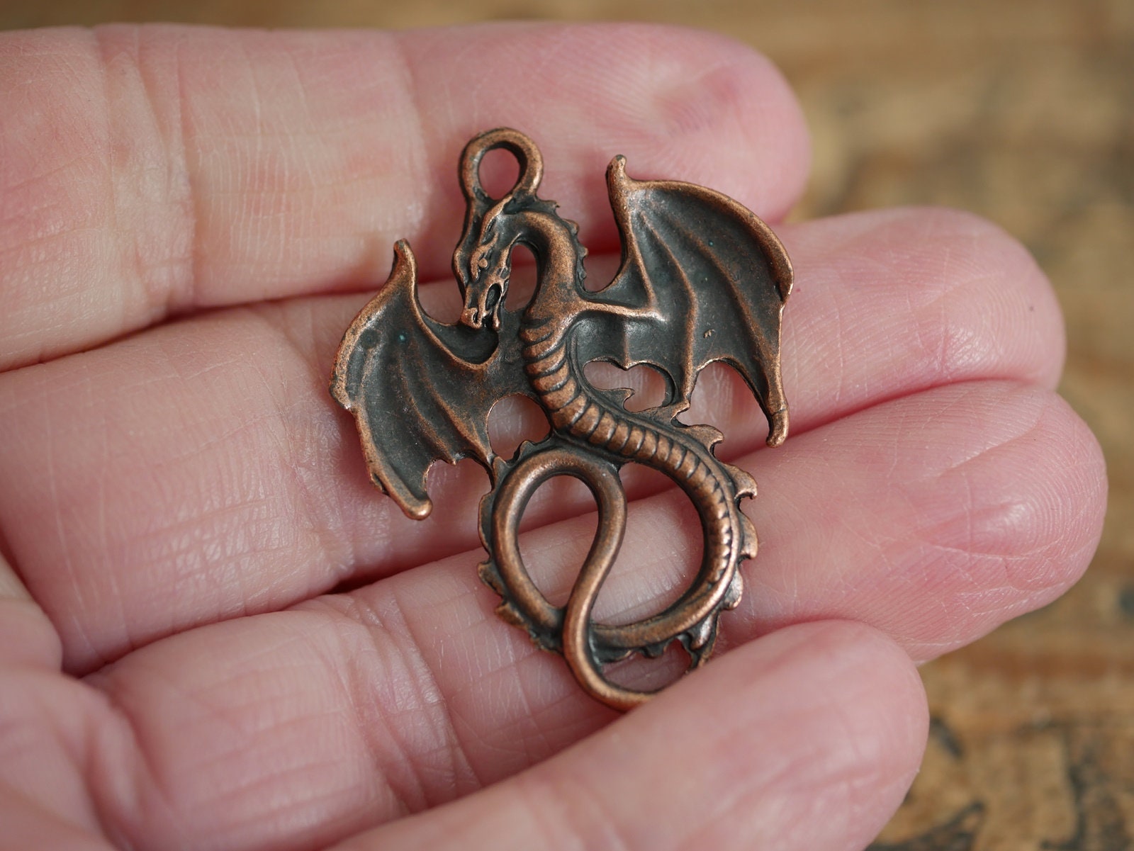 Pewter Dragon Charm Antiqued Copper Flying Dragon Pendant - Etsy