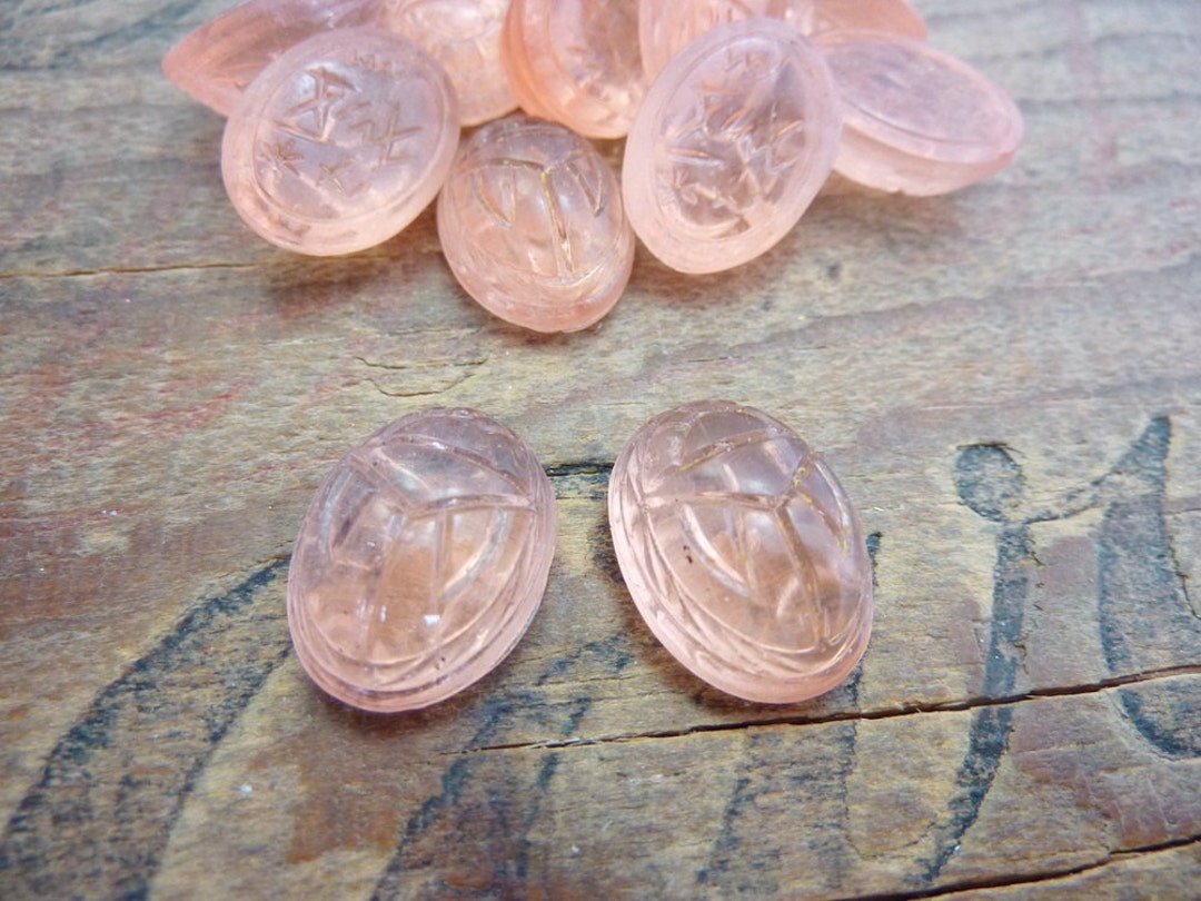 Vintage Glass Scarab Cabochon 18x13mm Transparent Pink Peach Scarab (2 ...