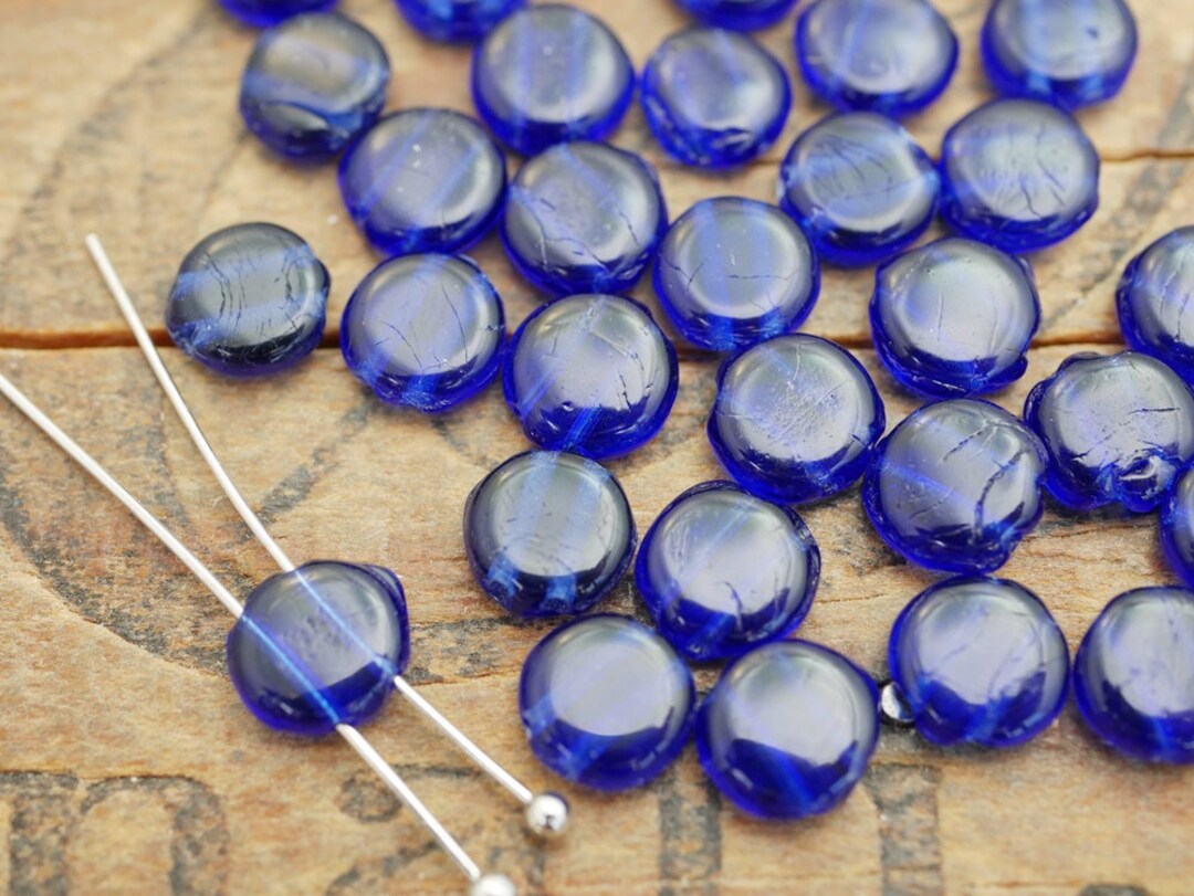 Glass Flat Two Hole Beads 7mm Transparent Cobalt Blue Antique Bead (30 ...