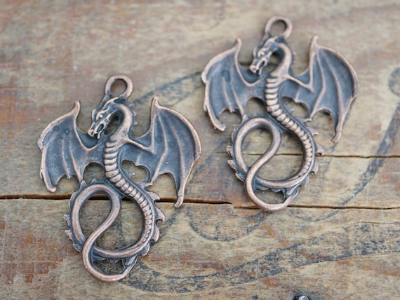 Pewter Dragon Charm Antiqued Copper Flying Dragon Pendant | Etsy