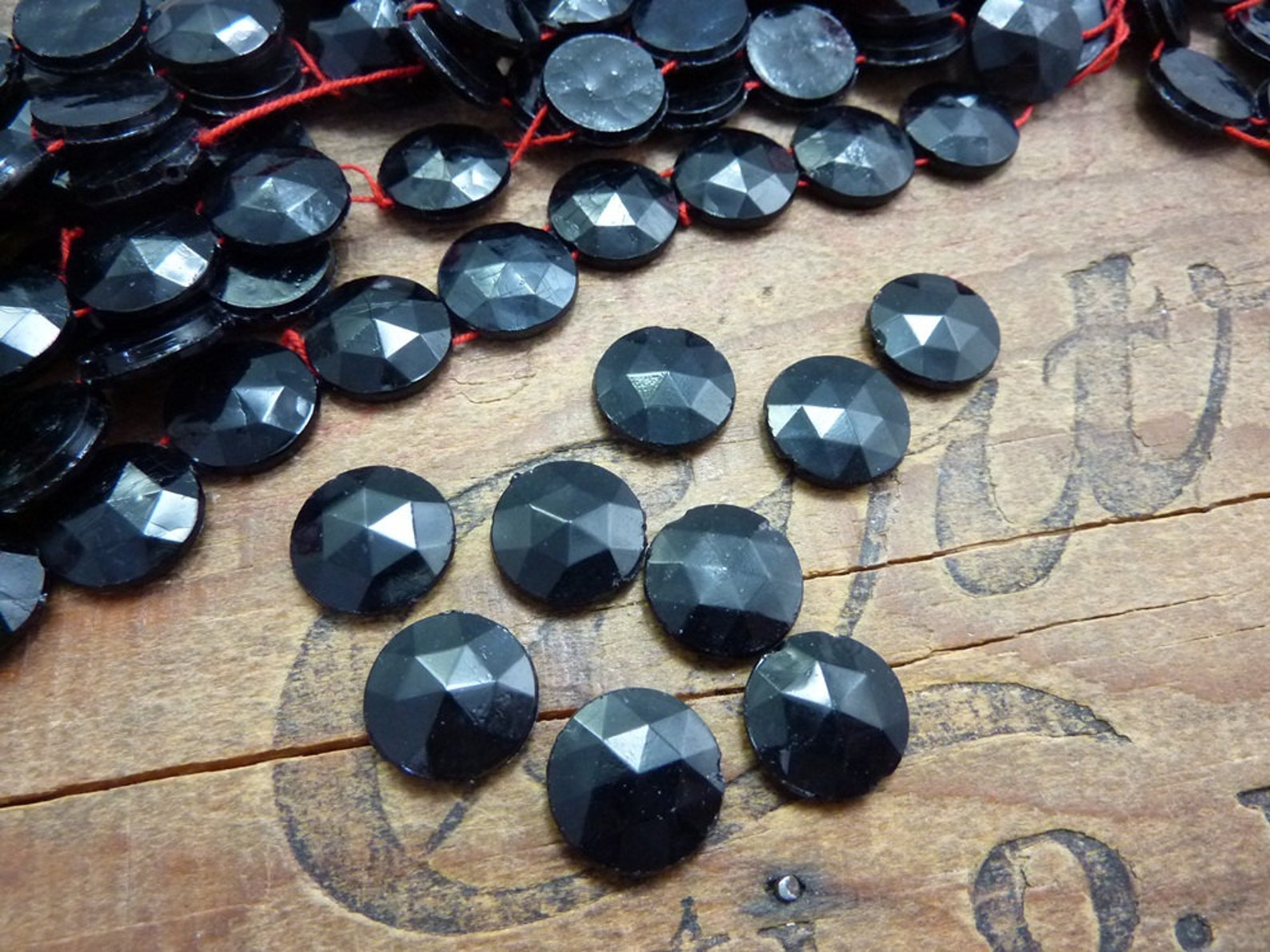 Antique Mourning Jet Glass Beads 13mm Round Nail Head Bead Big Flat ...