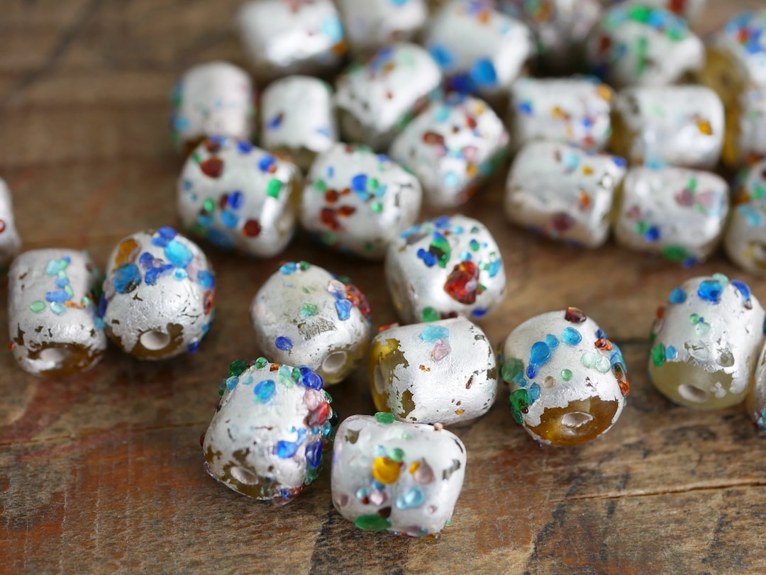 Silver Foiled Crumb Glass Beads Multi Colored Crumb Beads 10mm Barrel ...