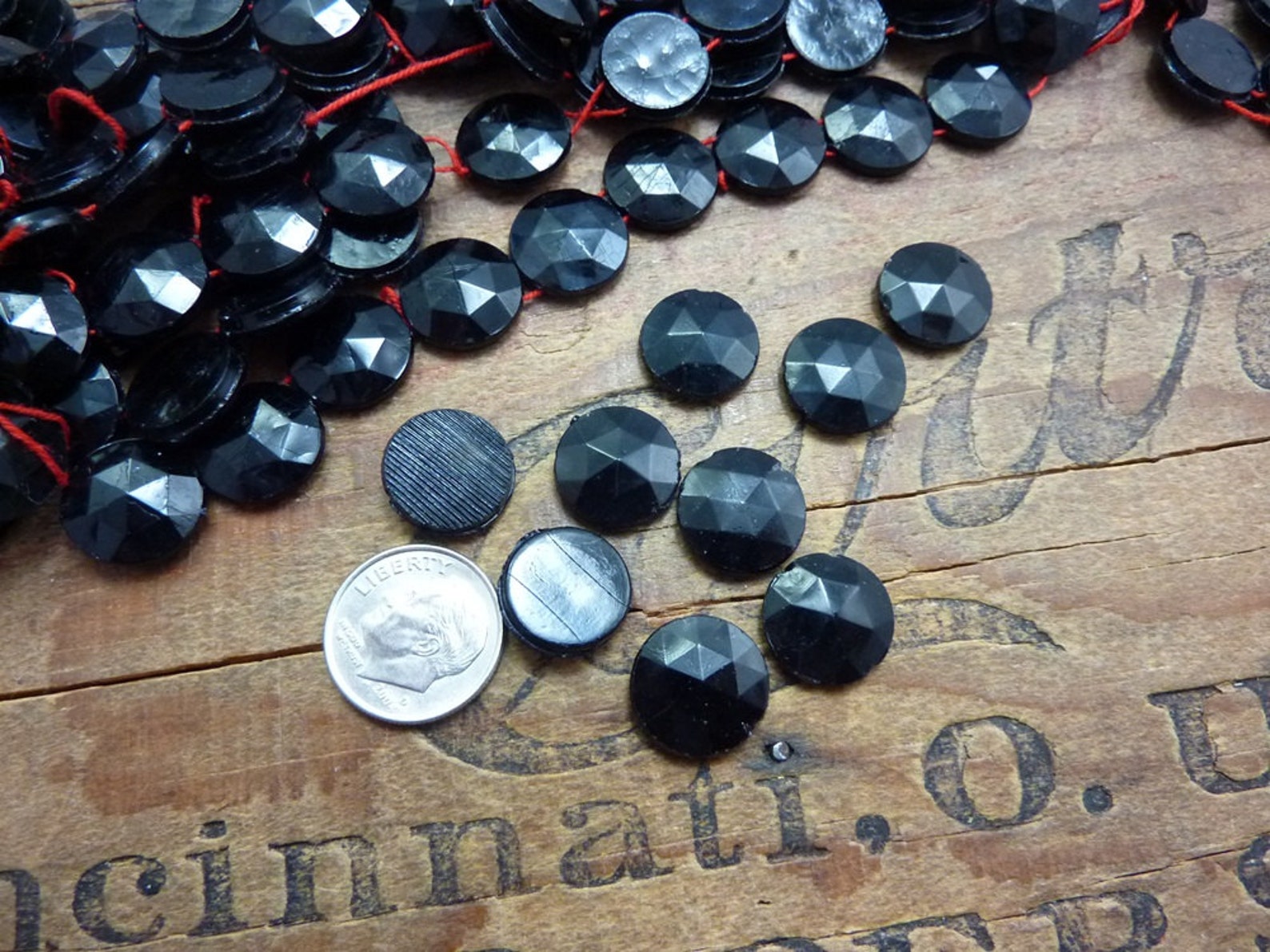 Antique Mourning Jet Glass Beads 13mm Round Nail Head Bead Big Flat ...