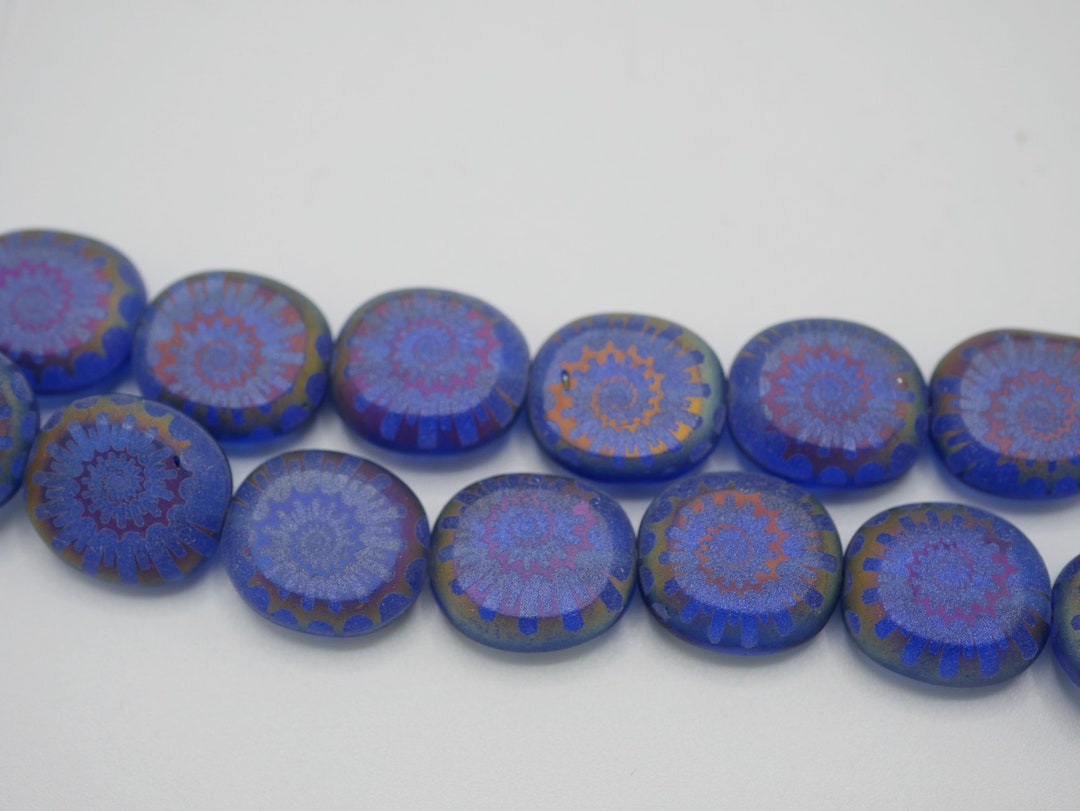 Laser Etched Satin Glass Blue Bead 14mm With Spiral Etching (8 Beads ...