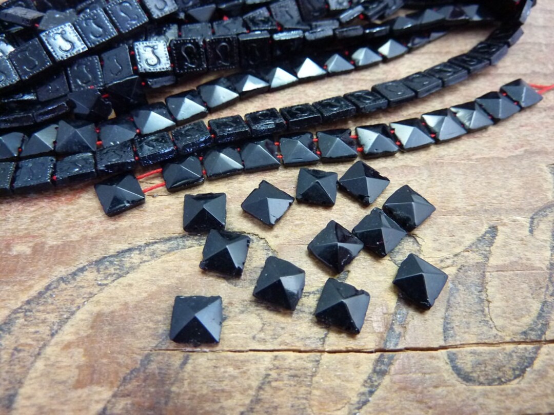 Antique Mourning Glass Jet Glass Beads 6mm Square Nail Head Beads (24 ...