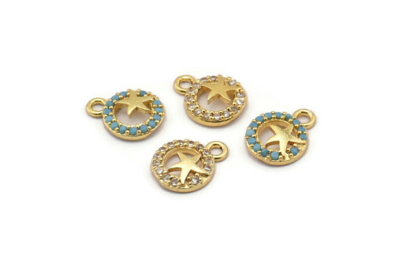 Gold Starfish Charm, 4 Gold Plated Sea Star Cubic Zircon, CZ Pave Sea ...