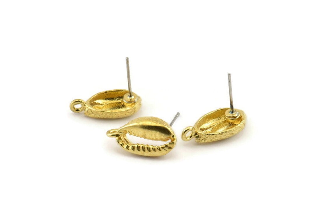 Brass Shell Earring, Raw Brass Cowrie Shell Stud Earrings With 1 Loop ...