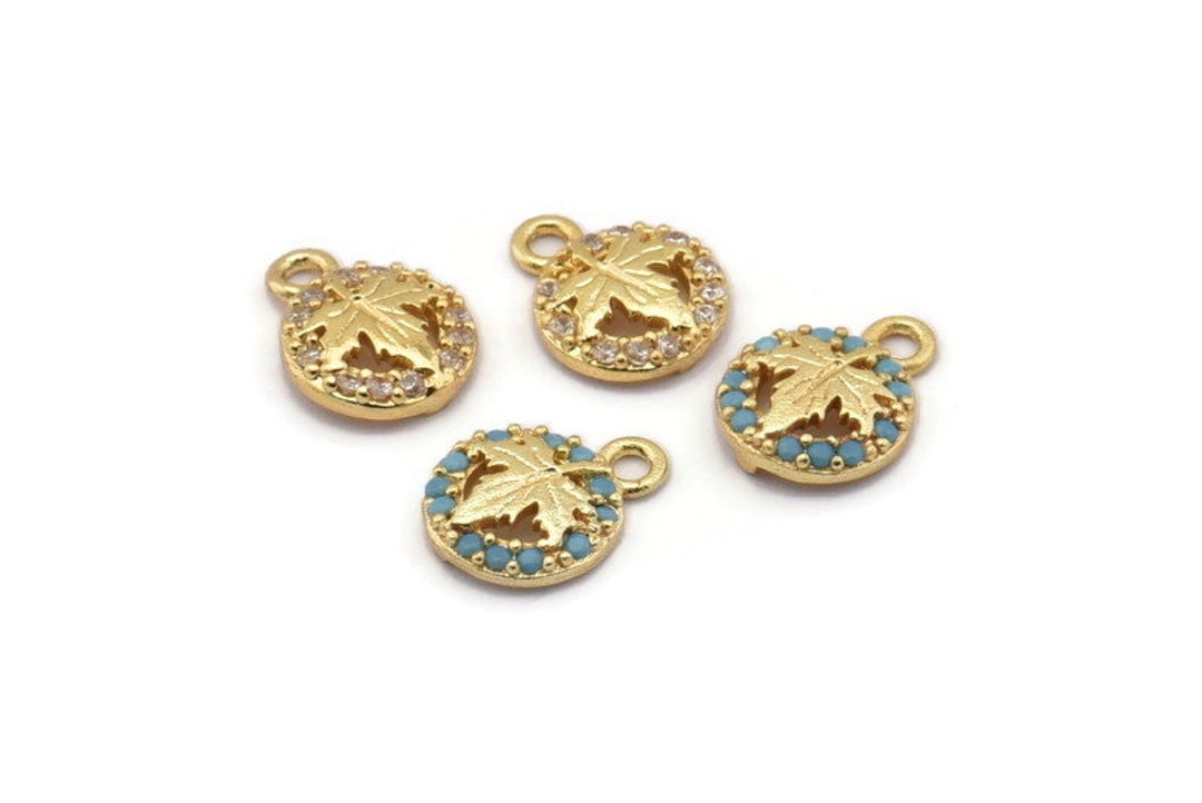 Gold Leaf Charm, 4 Gold Plated Leaf, Cubic Zircon, CZ Pave Leaf Charm ...