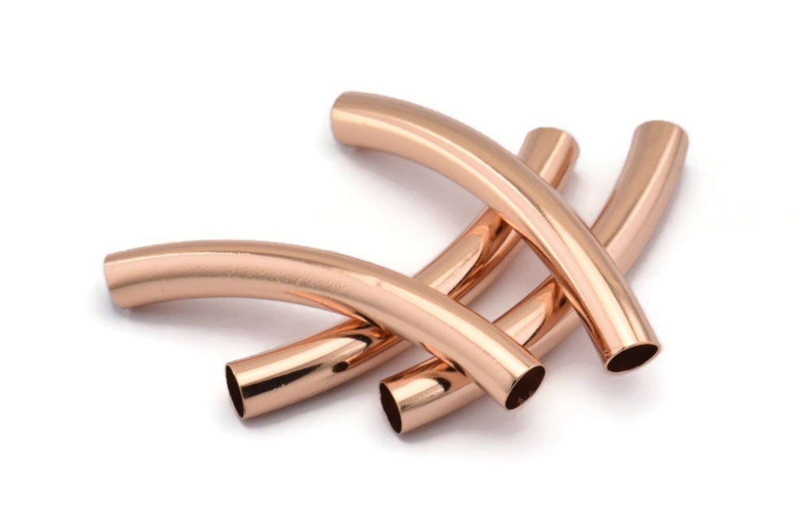 Rose Gold Tube Bead, 3 Rose Gold Plated Brass Curved Noodle Tube Beads ...