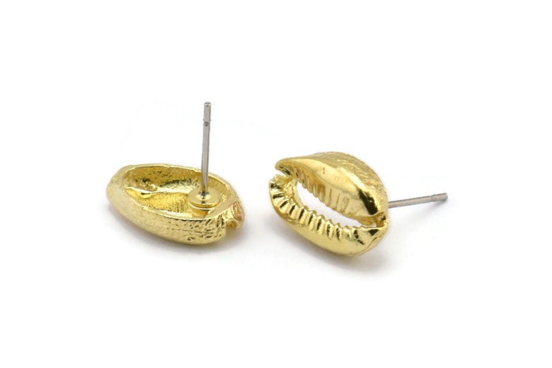 Brass Shell Earring, 4 Raw Brass Cowrie Shell Stud Earrings (14x9mm ...