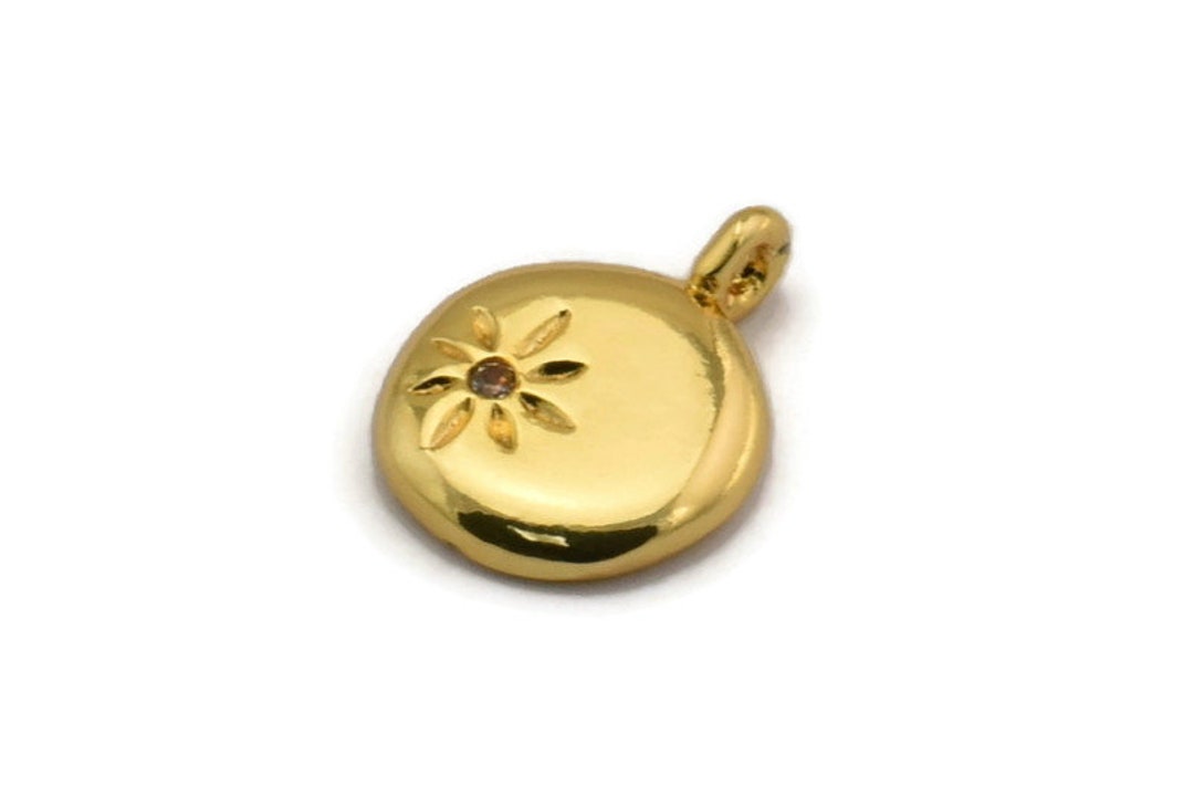 Gold Round Charm, Gold Plated Brass Round Charm With Cubic Zircon and 1 ...