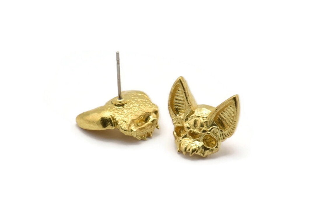 Brass Bat Earring, 2 Raw Brass Short Nosed Bat Stud Earrings (14x15x4mm ...