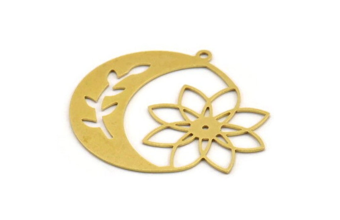 Brass Moon Charm, 4 Raw Brass Flower Pattern Crescent Moon Charms With ...