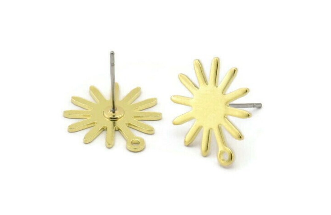 Brass Sun Earring, 12 Raw Brass Sun Stud Earrings With 1 Loop (17x15x0 ...